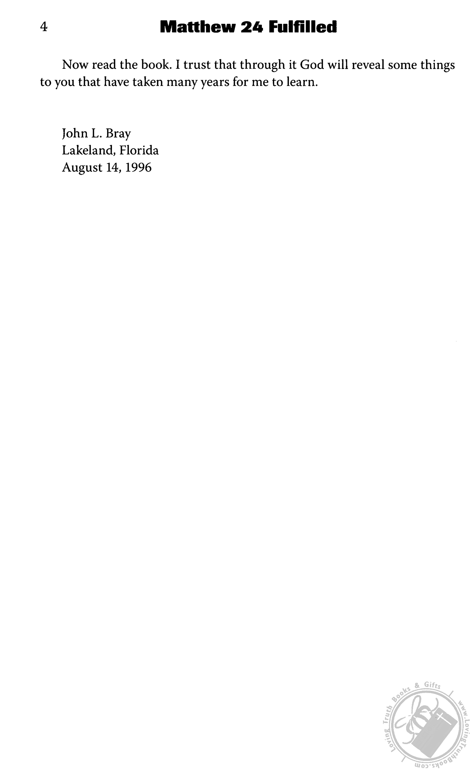 Matthew 24 Fulfilled by Baptist Evangelist John Bray by John L. Bray ...